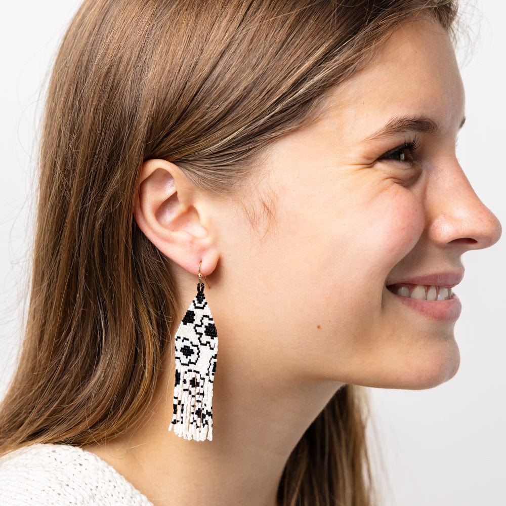 Delilah Poppies Beaded Fringe Earrings Ivory/Black – INK+ALLOY, LLC