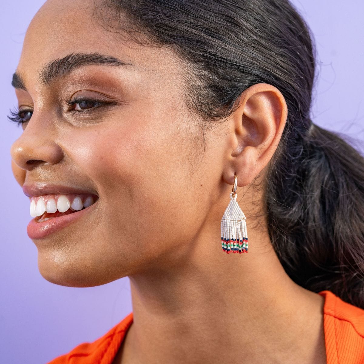 Leta Mini Gold Hoop Solid With Multi-Stripe Bottom Beaded Fringe Earri ...