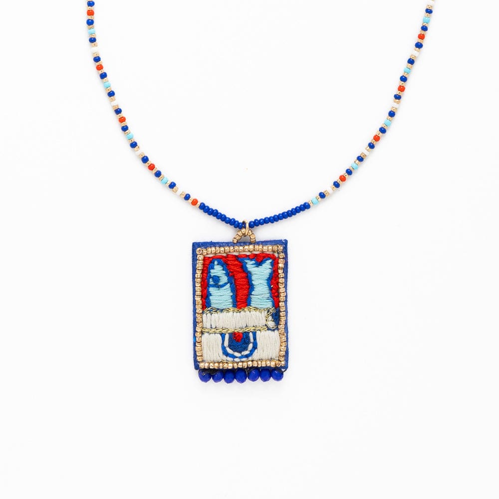 Robin Beaded Necklace With Embroidered Sardine Blue – INK+ALLOY, LLC